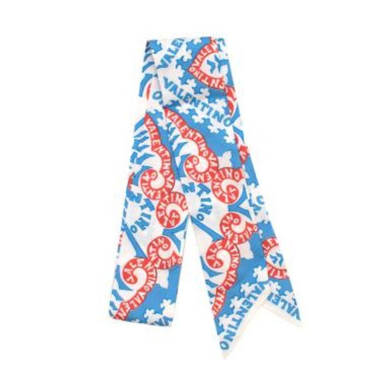 Valentino Blue, orange and white logo silk twill bandeau scarf For Sale ...