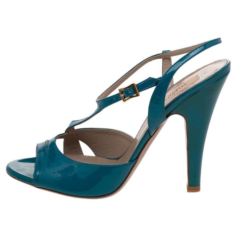 Valentino Blue Patent Leather Peep Toe Sandals Size 38.5 For Sale at ...