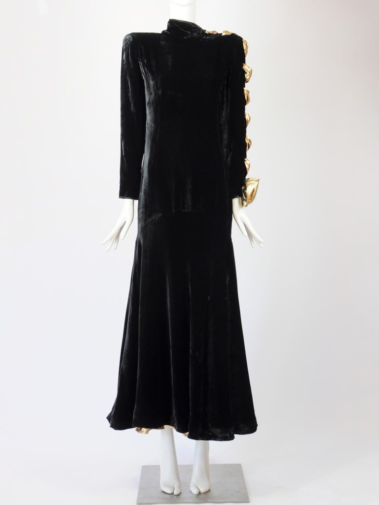 Valentino Boutique Black Velvet Long Sleeve Gown with Gold Lamé Bow ...