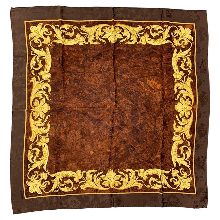 VALENTINO Brown and Gold Silk Marbled Square Scarf For Sale at 1stDibs