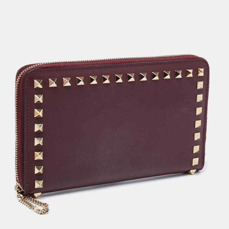 Valentino Burgundy Leather Medium Rockstud Zip Around Wallet For Sale ...