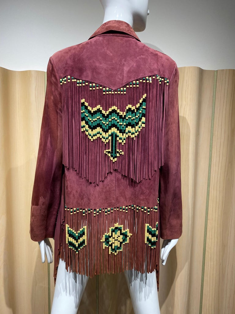 VALENTINO BurgundySuede Fringe Beaded Jacket For Sale at 1stDibs