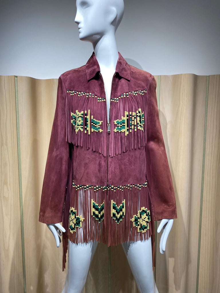 VALENTINO BurgundySuede Fringe Beaded Jacket For Sale at 1stDibs