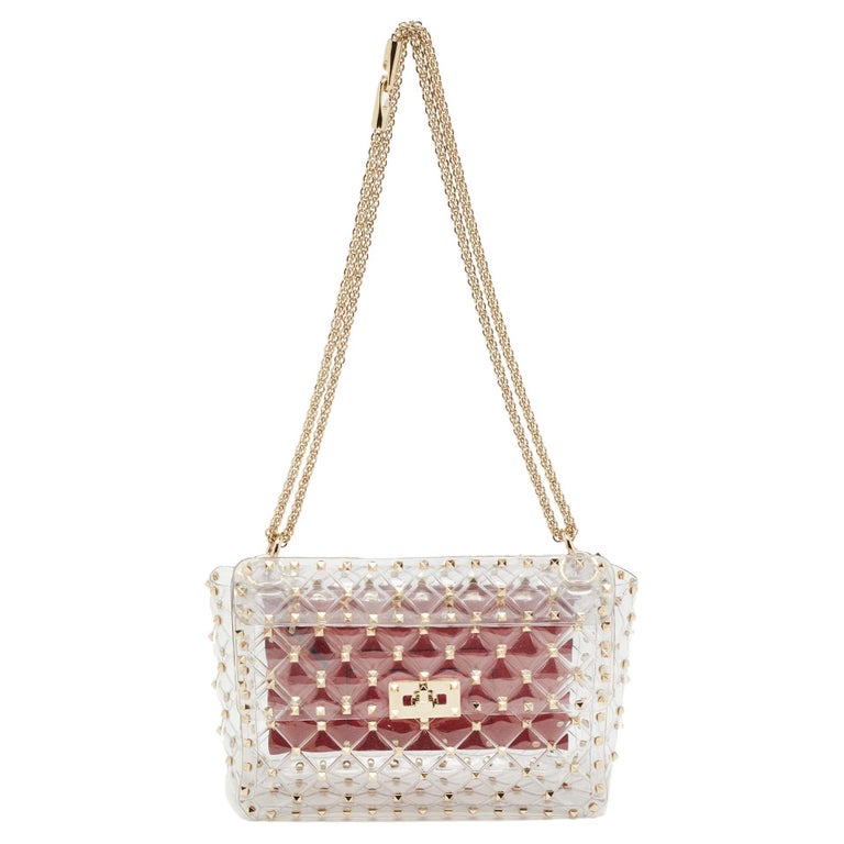 Valentino Clear/Red PVC Medium Rockstud Spike Top Handle Bag For Sale ...