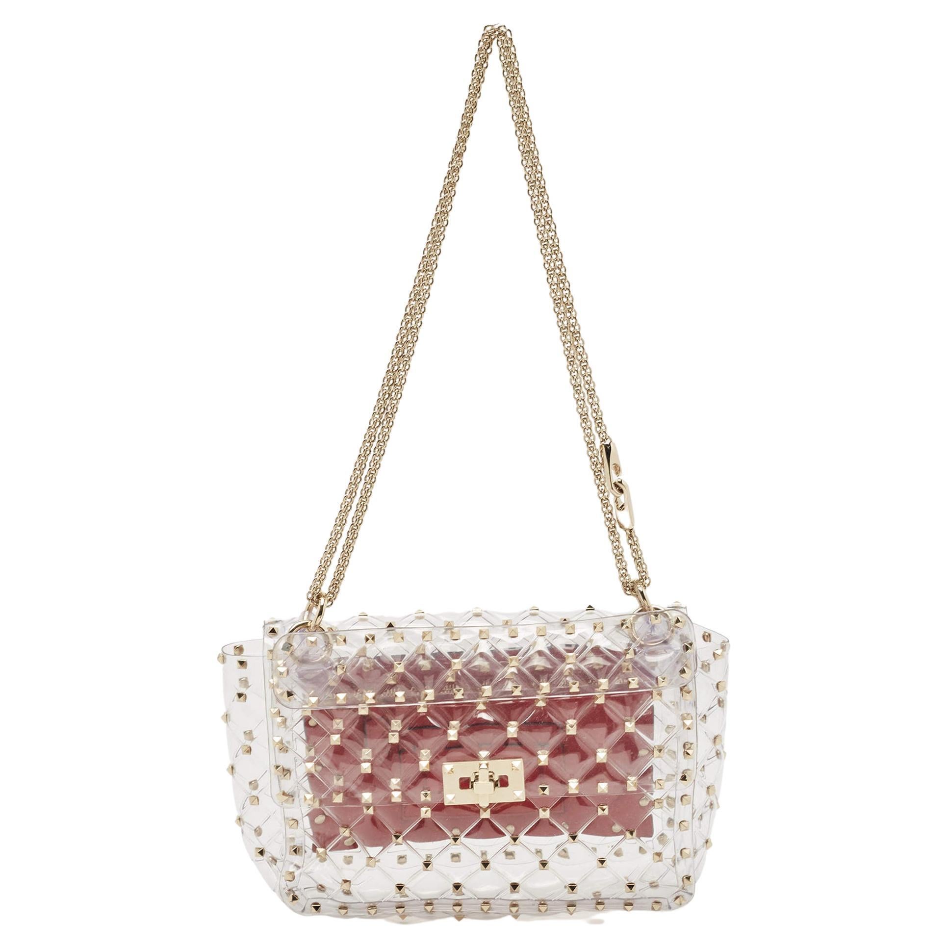 Valentino Clear/Red PVC Medium Rockstud Spike Top Handle Bag For Sale ...