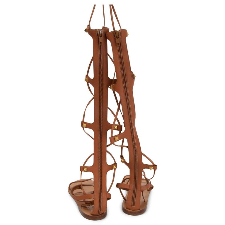 VALENTINO cognac brown leather APHRODITE ROCKSTUD GLADIATOR Sandals ...