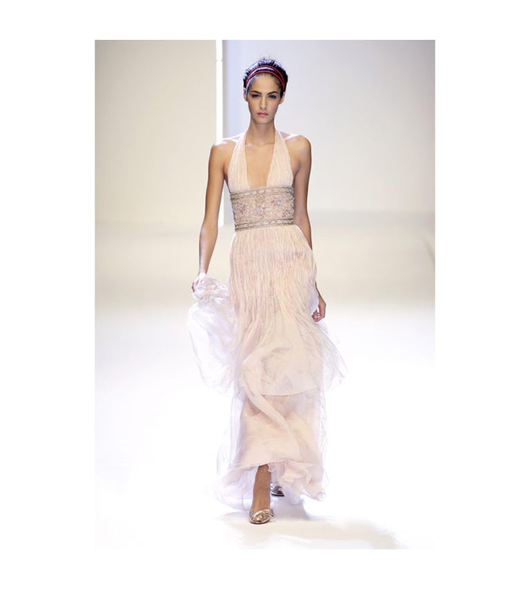 Valentino Peach Floral Silk Runway Evening Gown with Beaded Belt 2007 ...