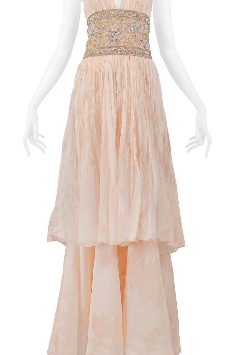 Valentino Peach Floral Silk Runway Evening Gown with Beaded Belt 2007 ...