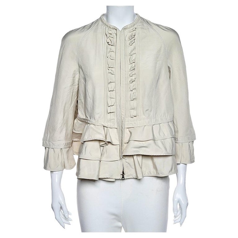 Valentino Cream Ruffled Cotton Zip Front Jacket M For Sale at 1stDibs