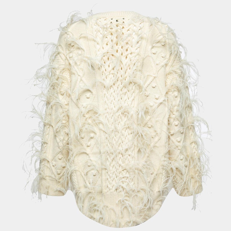 Valentino Cream Wool Knit Feather Embellished Long Sleeve Jumper M For ...