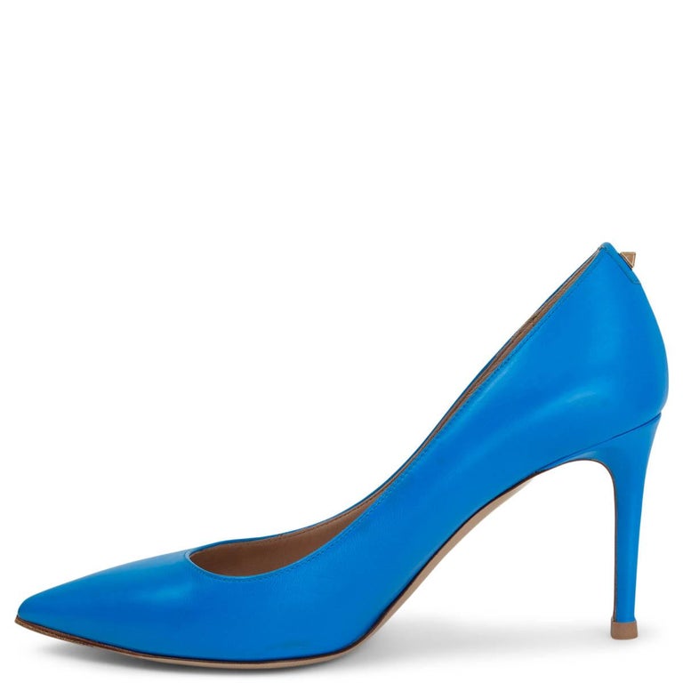 VALENTINO cyan blue leather ROCKSTUD 85 Pointed Toe Pumps Shoes 37.5 ...