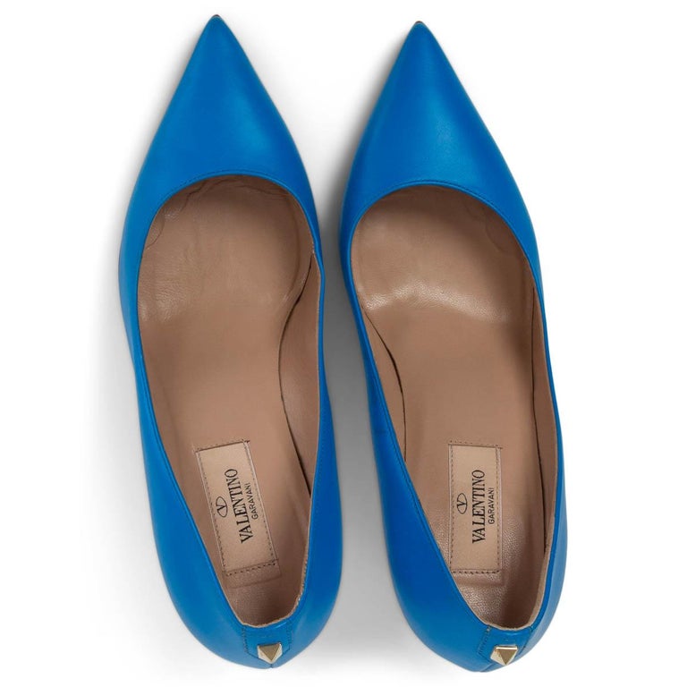 VALENTINO cyan blue leather ROCKSTUD 85 Pointed Toe Pumps Shoes 37.5 ...