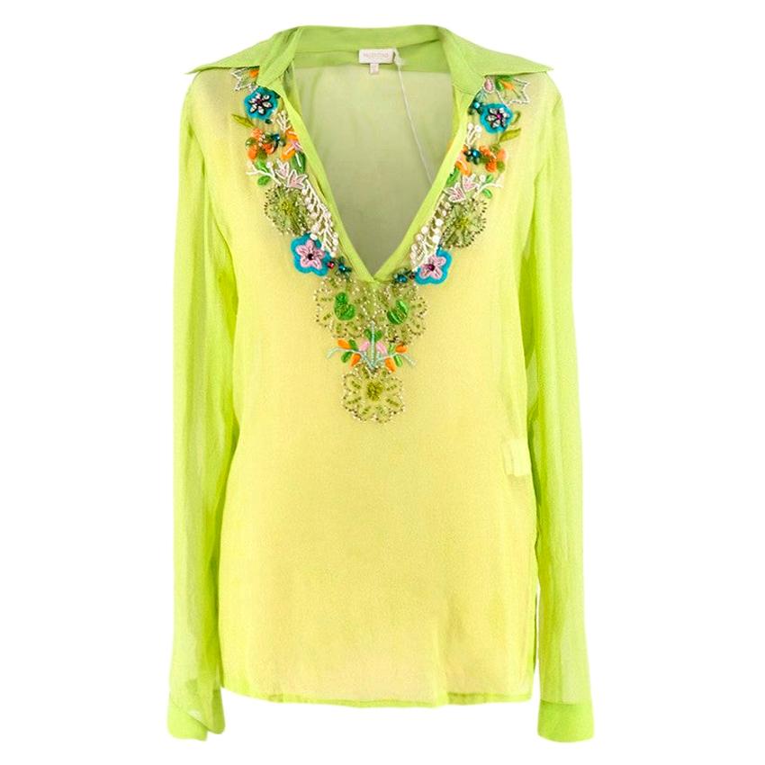 Valentino Embellished Green Sheer Silk Top - Size US8 For Sale at 1stDibs
