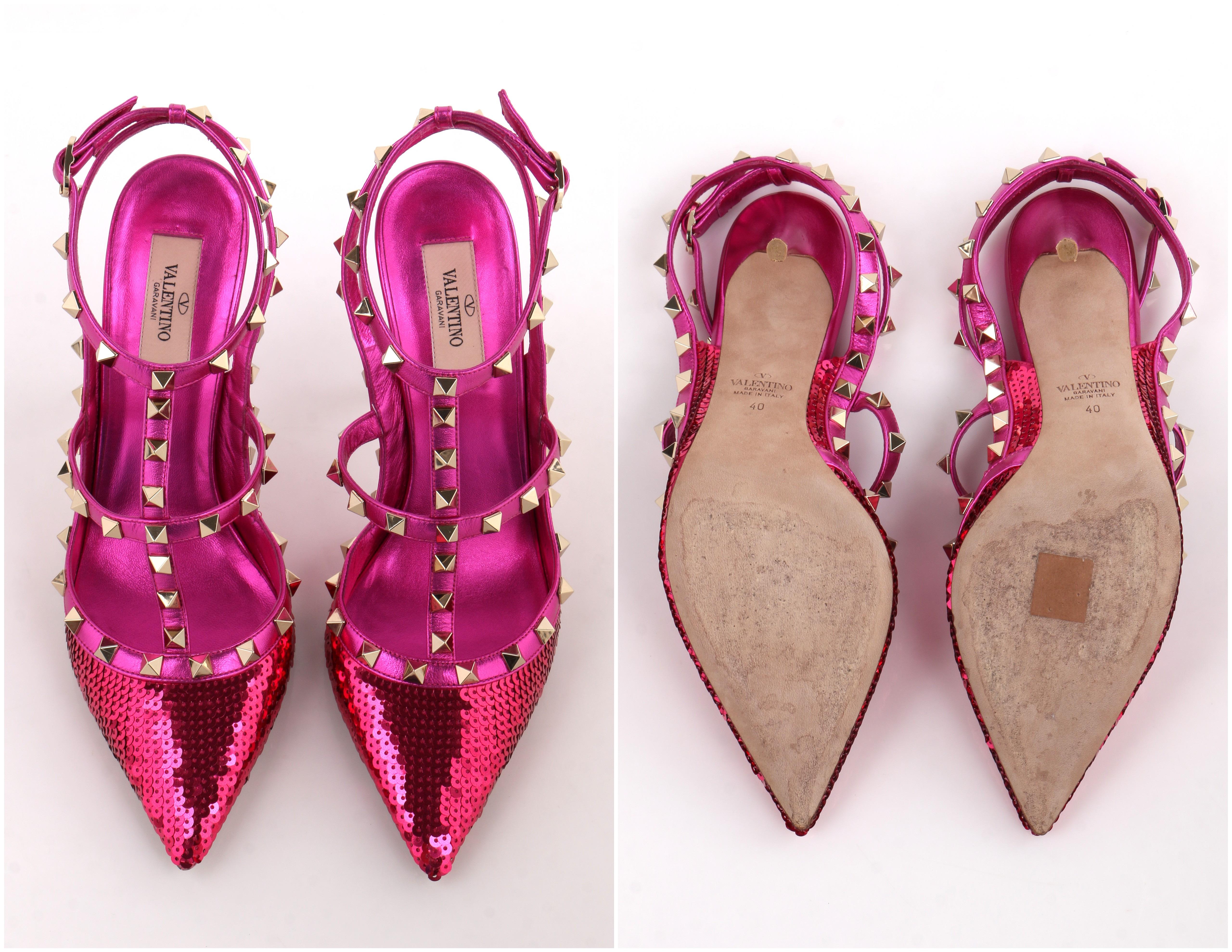VALENTINO Garavani Fuchsia Pink Metallic “Rockstud” Sequin T-Strap ...