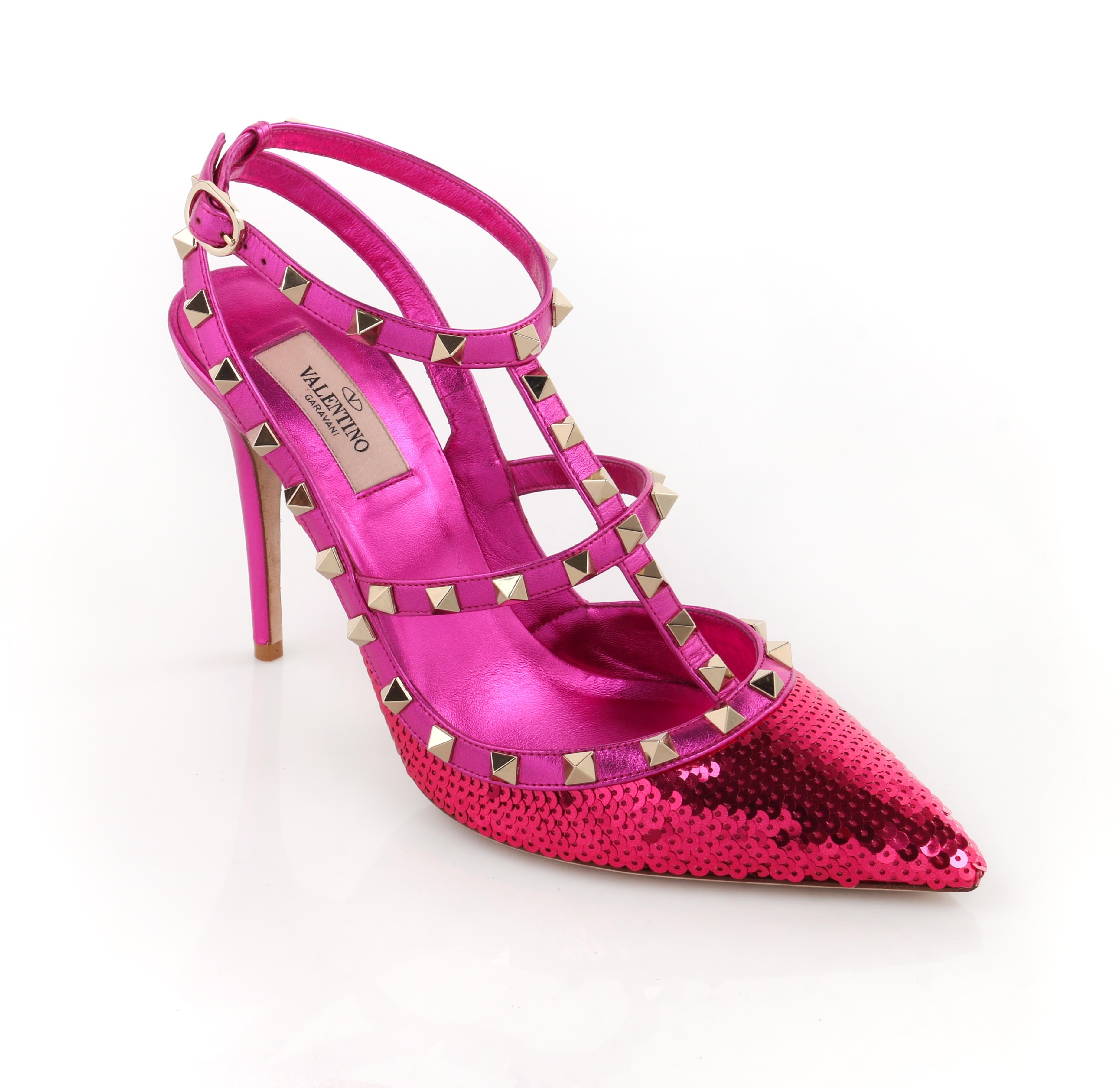 VALENTINO Garavani Fuchsia Pink Metallic “Rockstud” Sequin T-Strap ...