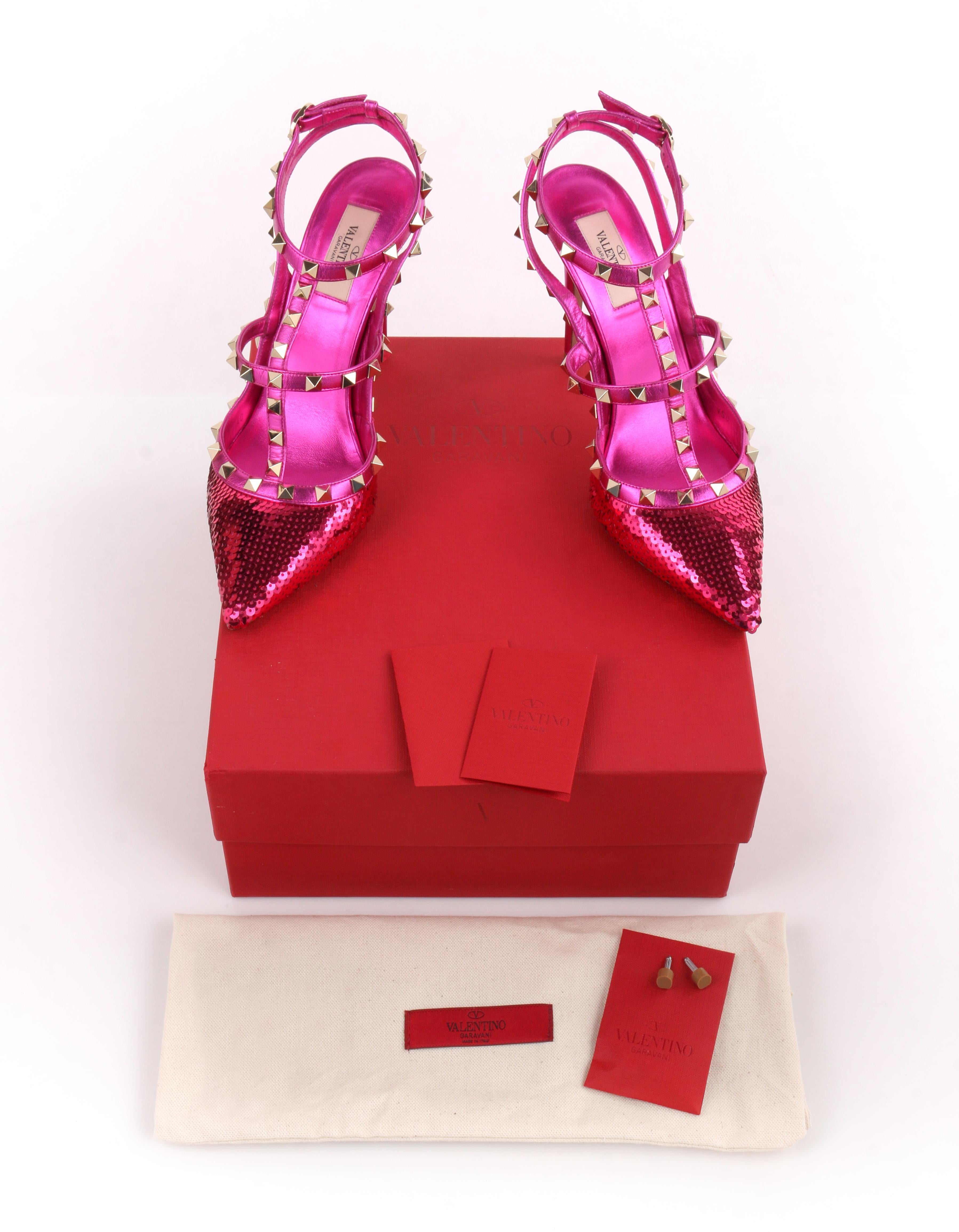 VALENTINO Garavani Fuchsia Pink Metallic “Rockstud” Sequin T-Strap ...