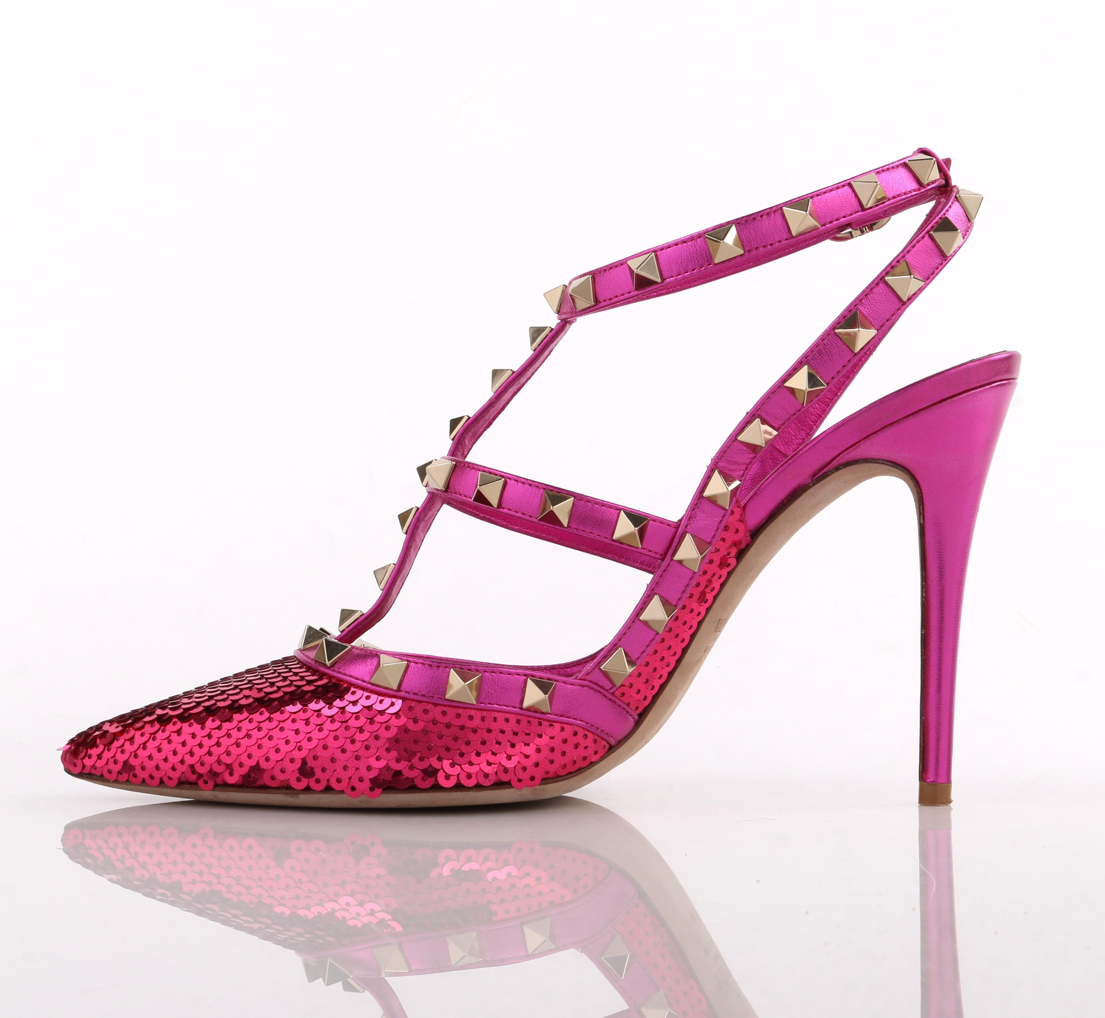 VALENTINO Garavani Fuchsia Pink Metallic “Rockstud” Sequin T-Strap ...