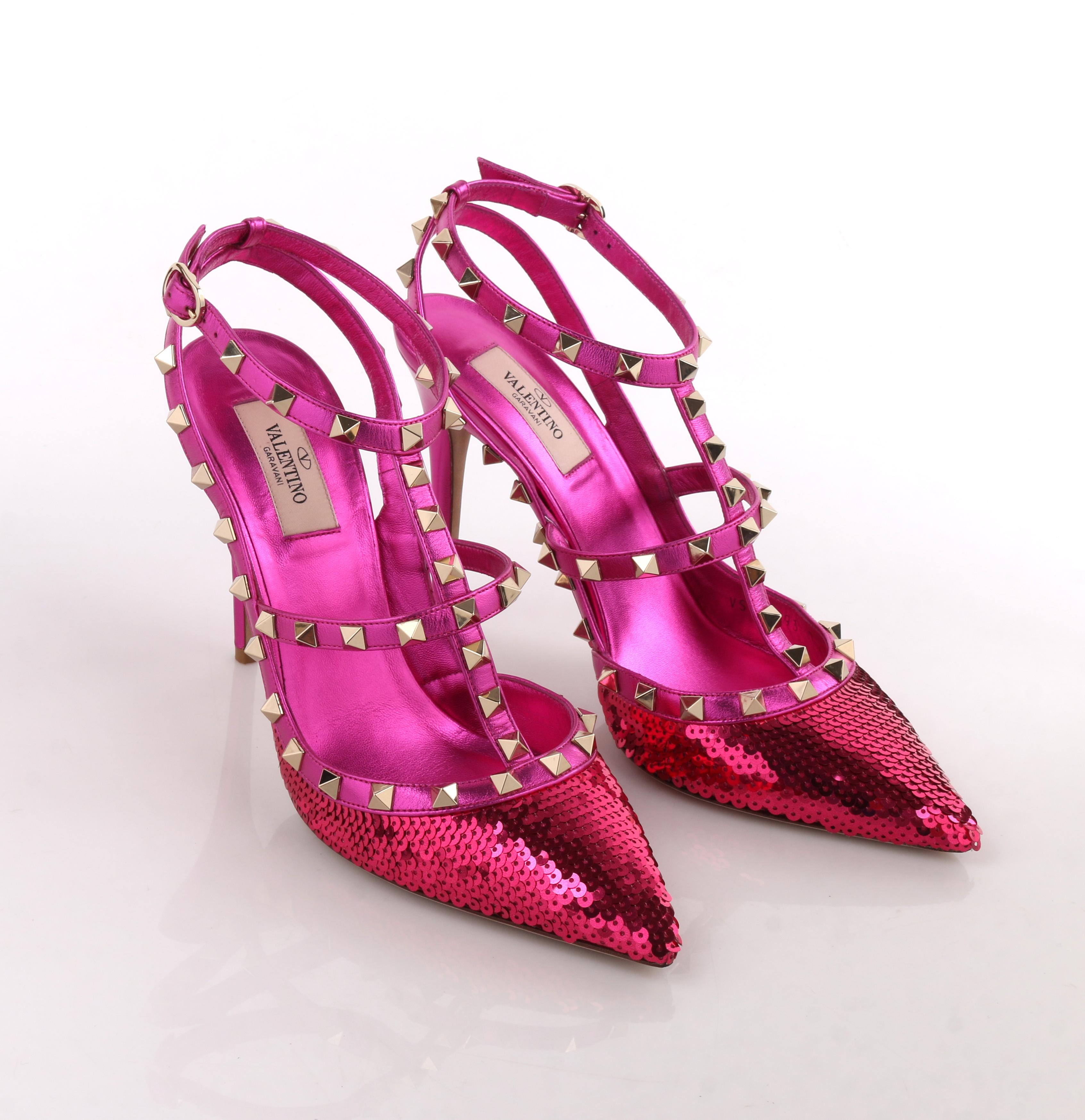 VALENTINO Garavani Fuchsia Pink Metallic “Rockstud” Sequin T-Strap ...