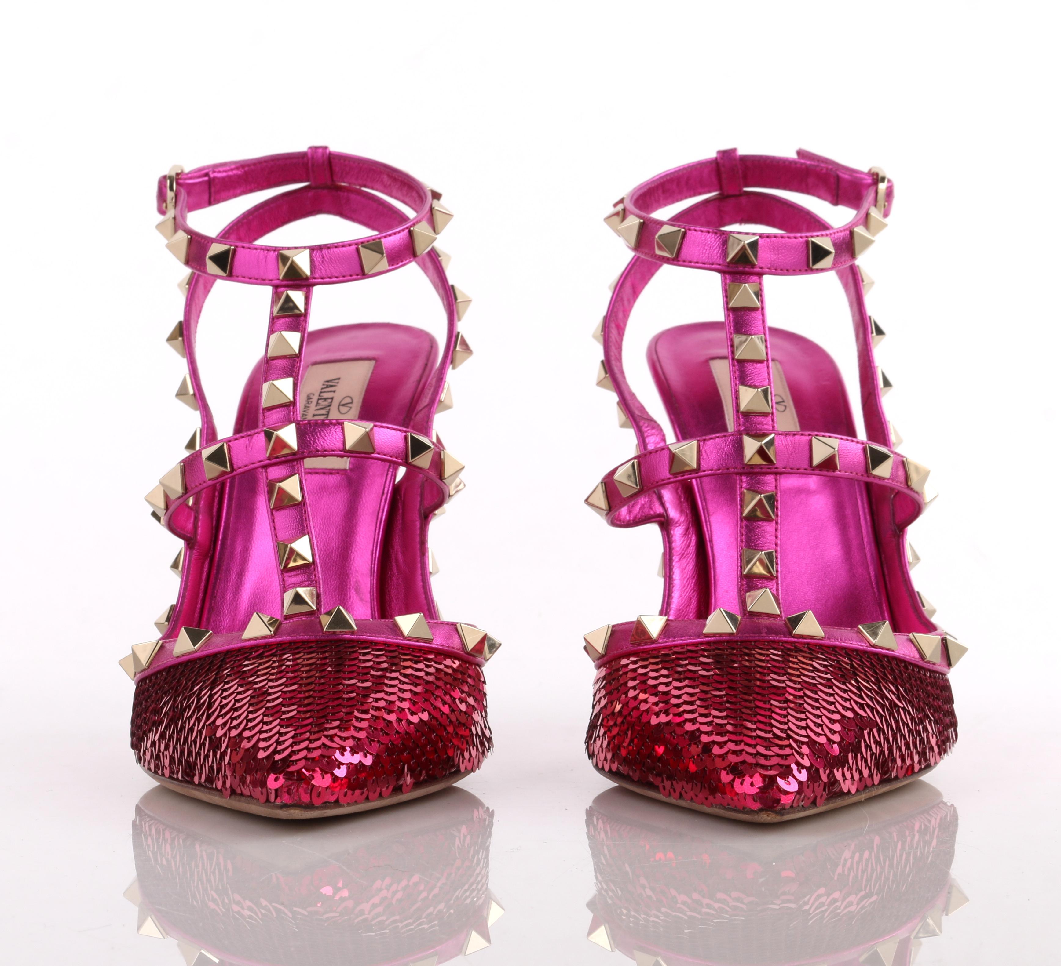 VALENTINO Garavani Fuchsia Pink Metallic “Rockstud” Sequin T-Strap ...