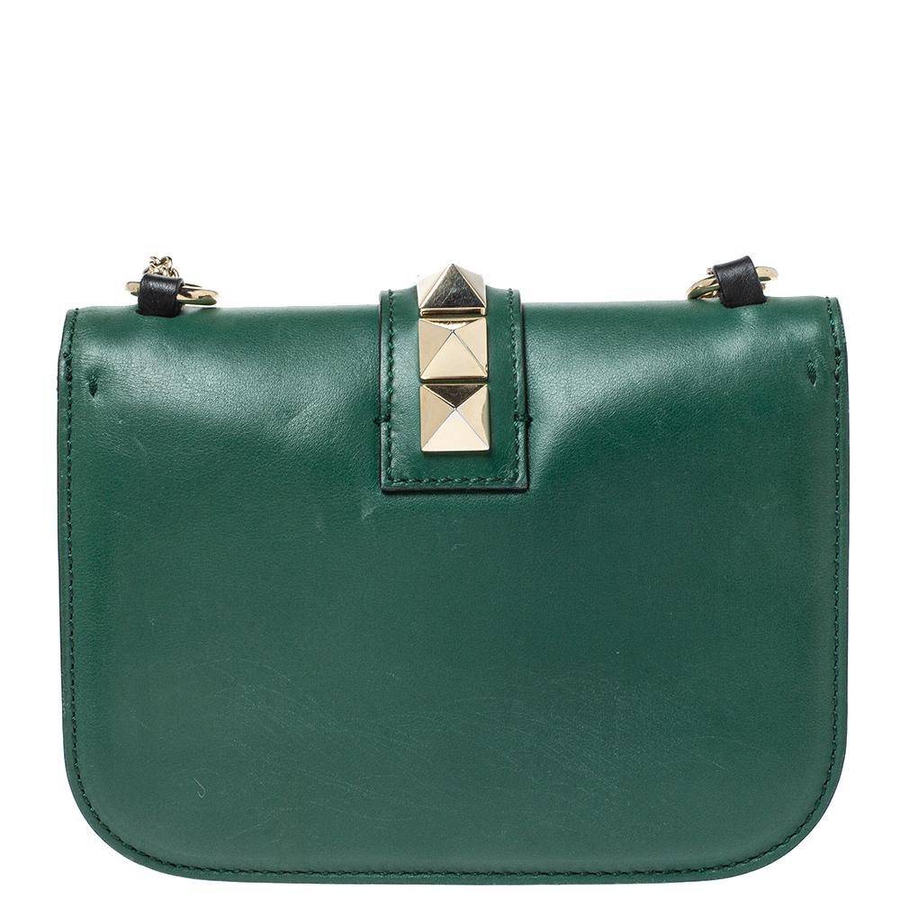 Valentino Green/Black Leather Small Rockstud Glam Lock Flap Bag at ...