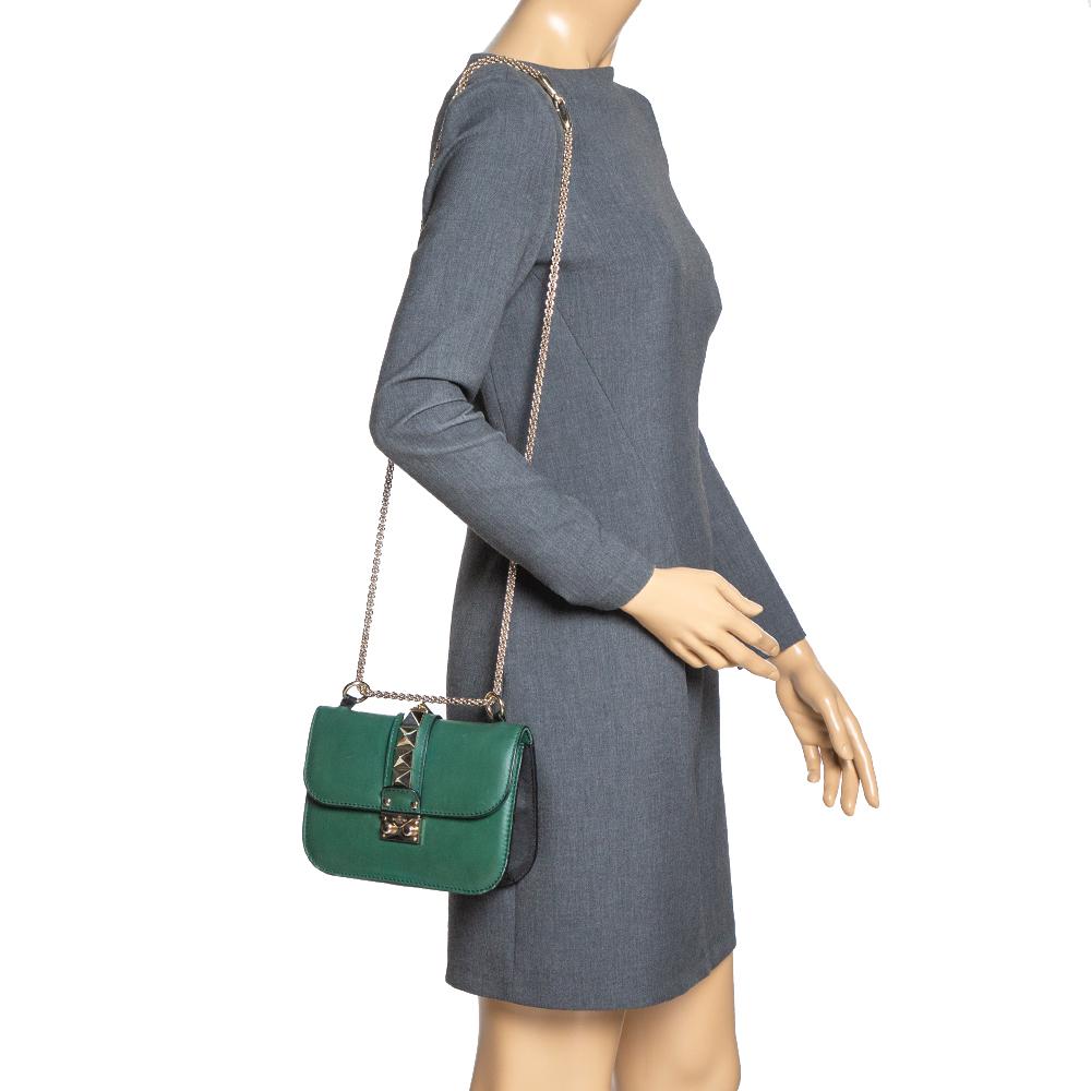 Valentino Green/Black Leather Small Rockstud Glam Lock Flap Bag at ...