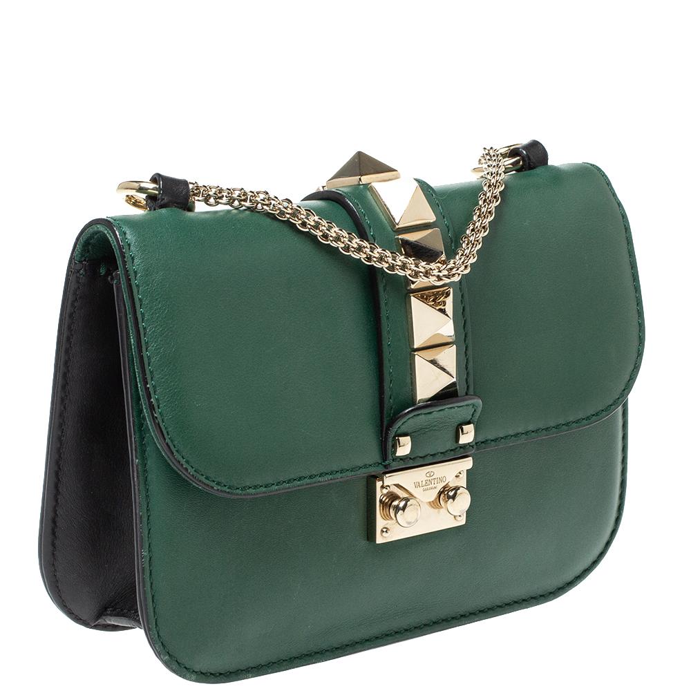 Valentino Green/Black Leather Small Rockstud Glam Lock Flap Bag at ...