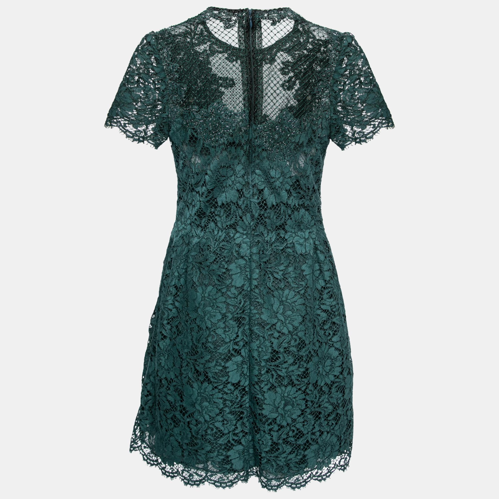 Valentino Green Floral Lace Bead Embellished Short Sleeve Dress at 1stDibs