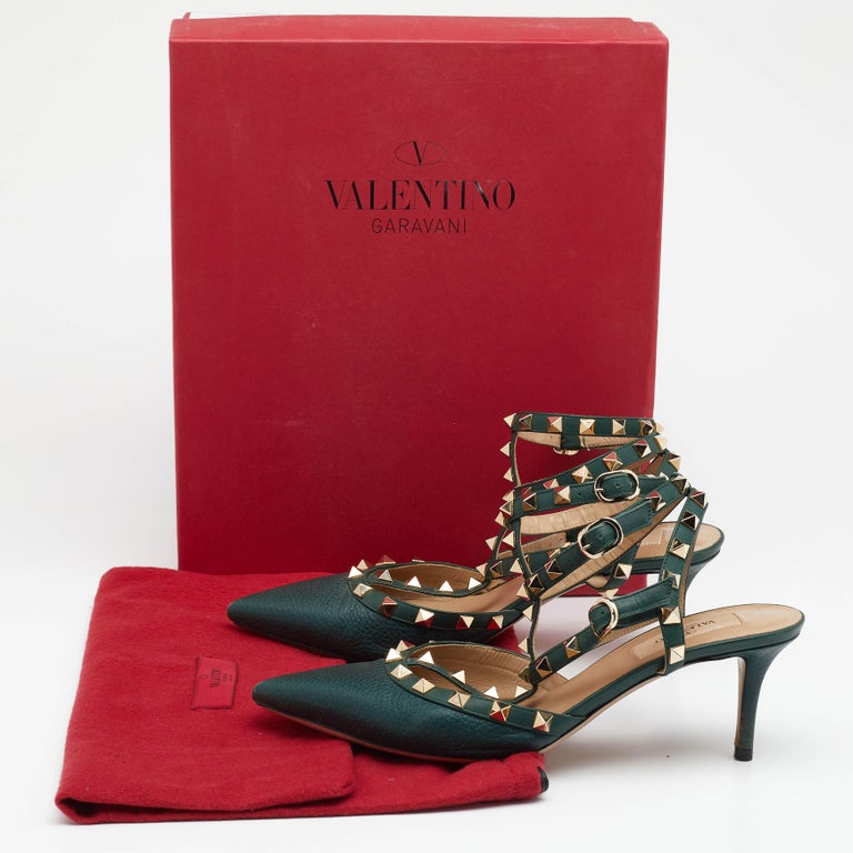 Valentino Green Leather Rockstud Ankle Strap Pointed Toe Sandals Size ...