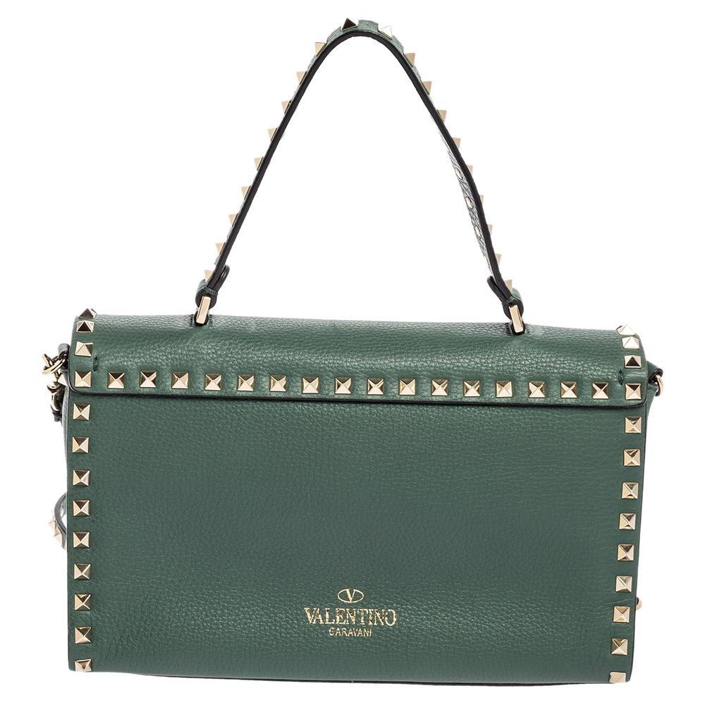 Valentino Green Leather Rockstud Flip Lock Top Handle Bag at 1stDibs