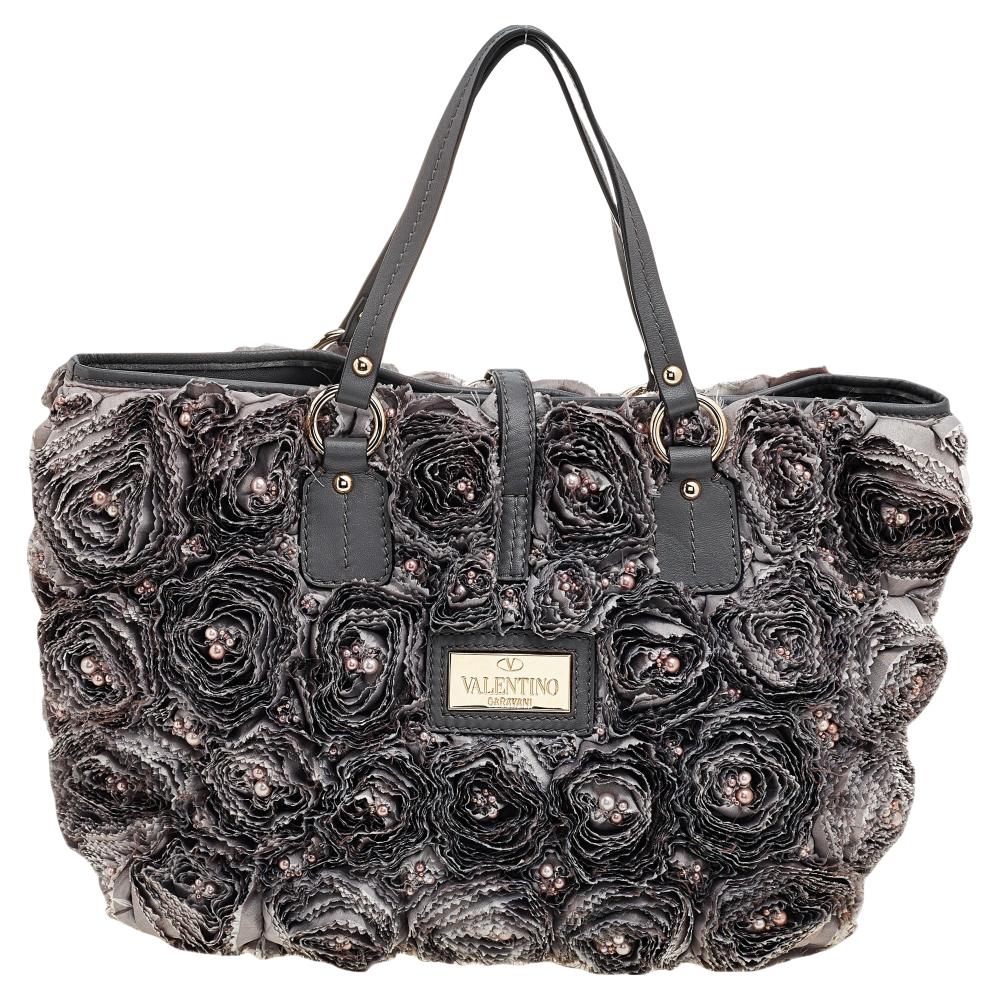 Valentino Grey Leather And Silk Organza Pearl Embellished Rosier Tote ...