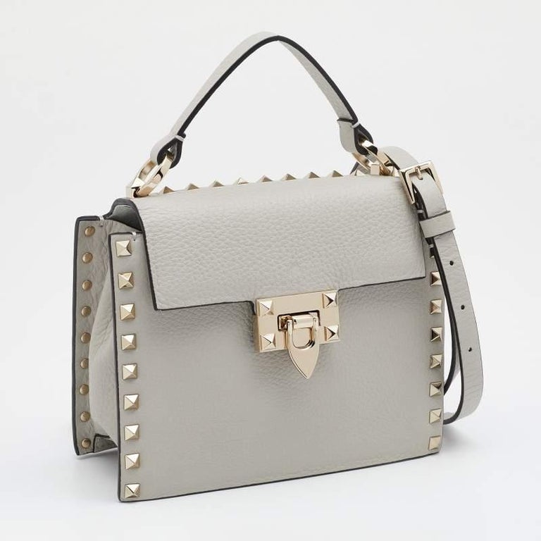 Valentino Grey Leather Small Rockstud Top Handle Bag For Sale at 1stDibs