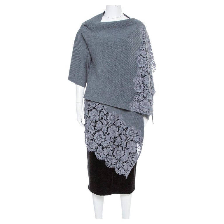 Valentino Grey Rib Knit and Lace Trim Wrap Cardigan XL For Sale at 1stDibs