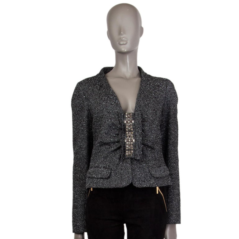 VALENTINO grey wool RHINESTONE EMBELLISHED CROPPED TWEED Jacket 10 L ...
