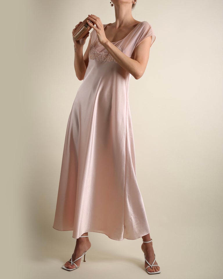 Valentino Intimo vintage pink satin sheer lace slip robe night gown ...