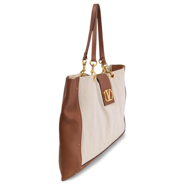 VALENTINO ivory and brown LEATHER TRIMMED CITY SAFARI Tote Bag vlogo ...