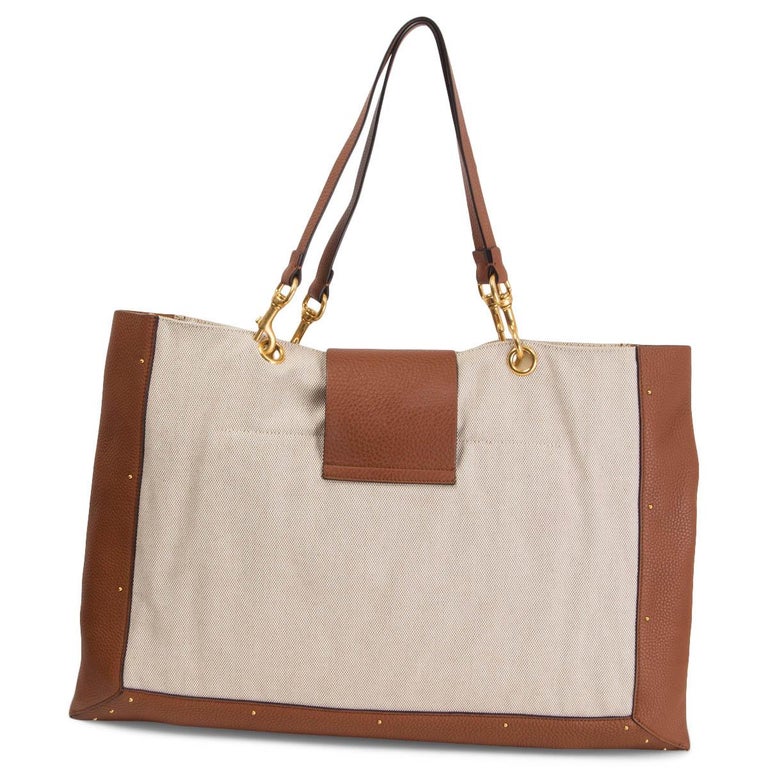 VALENTINO ivory and brown LEATHER TRIMMED CITY SAFARI Tote Bag vlogo ...