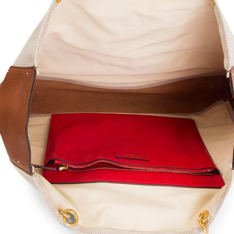 VALENTINO ivory and brown LEATHER TRIMMED CITY SAFARI Tote Bag vlogo ...