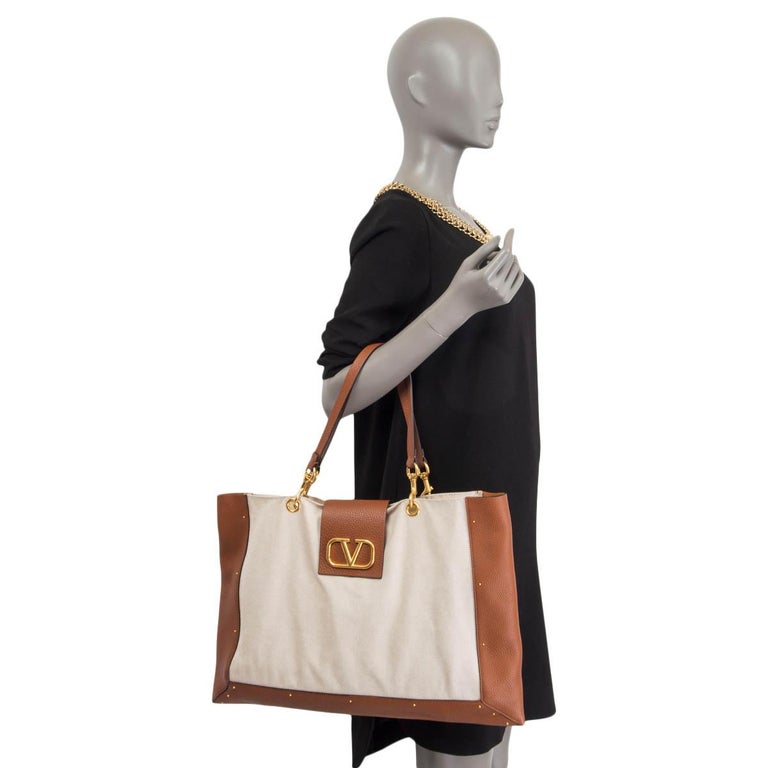 VALENTINO ivory and brown LEATHER TRIMMED CITY SAFARI Tote Bag vlogo ...