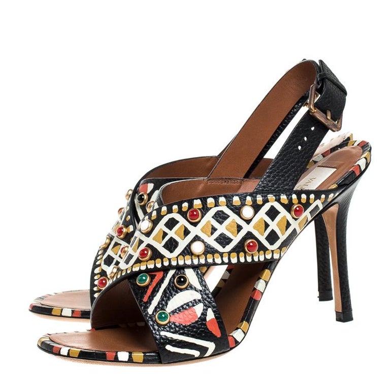 Valentino Leather Studded Crossover Primitive Ankle Strap Sandals Size ...
