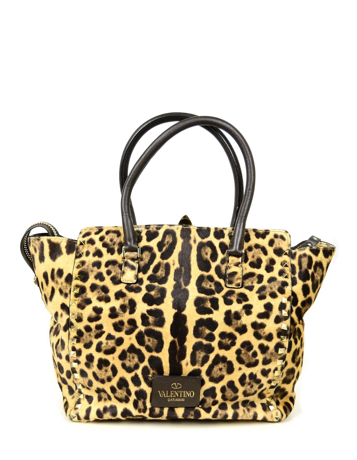 Valentino Leopard Print Calf Hair Small Rockstud Tote Bag w/ Crossbody ...