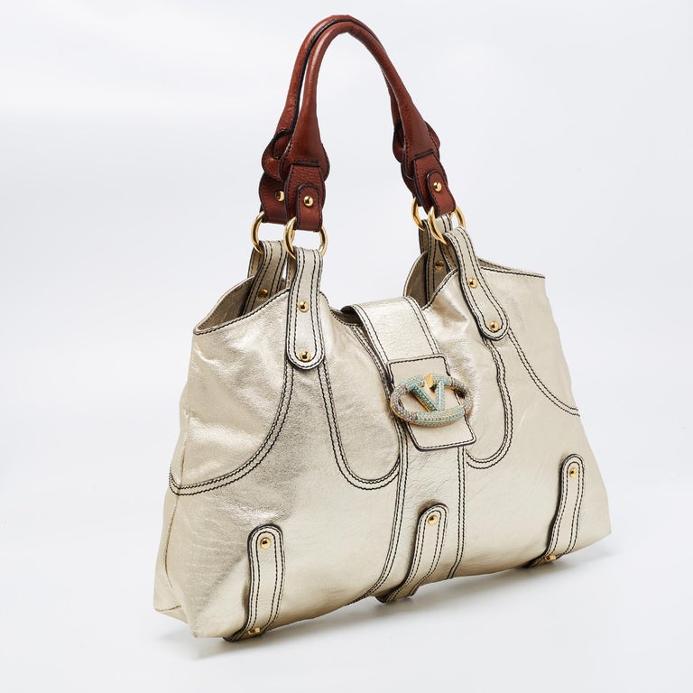 Valentino Metallic Gold Leather Crystal-Embellished Catch Shoulder Bag ...