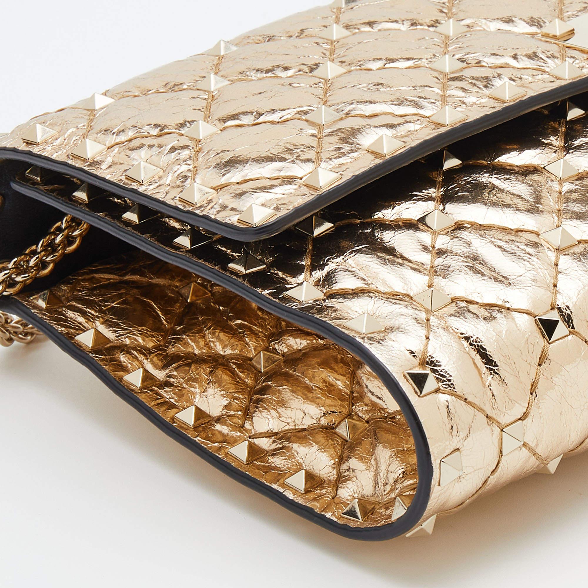 Valentino Metallic Gold Quilted Leather Rockstud Spike Wallet On Chain ...