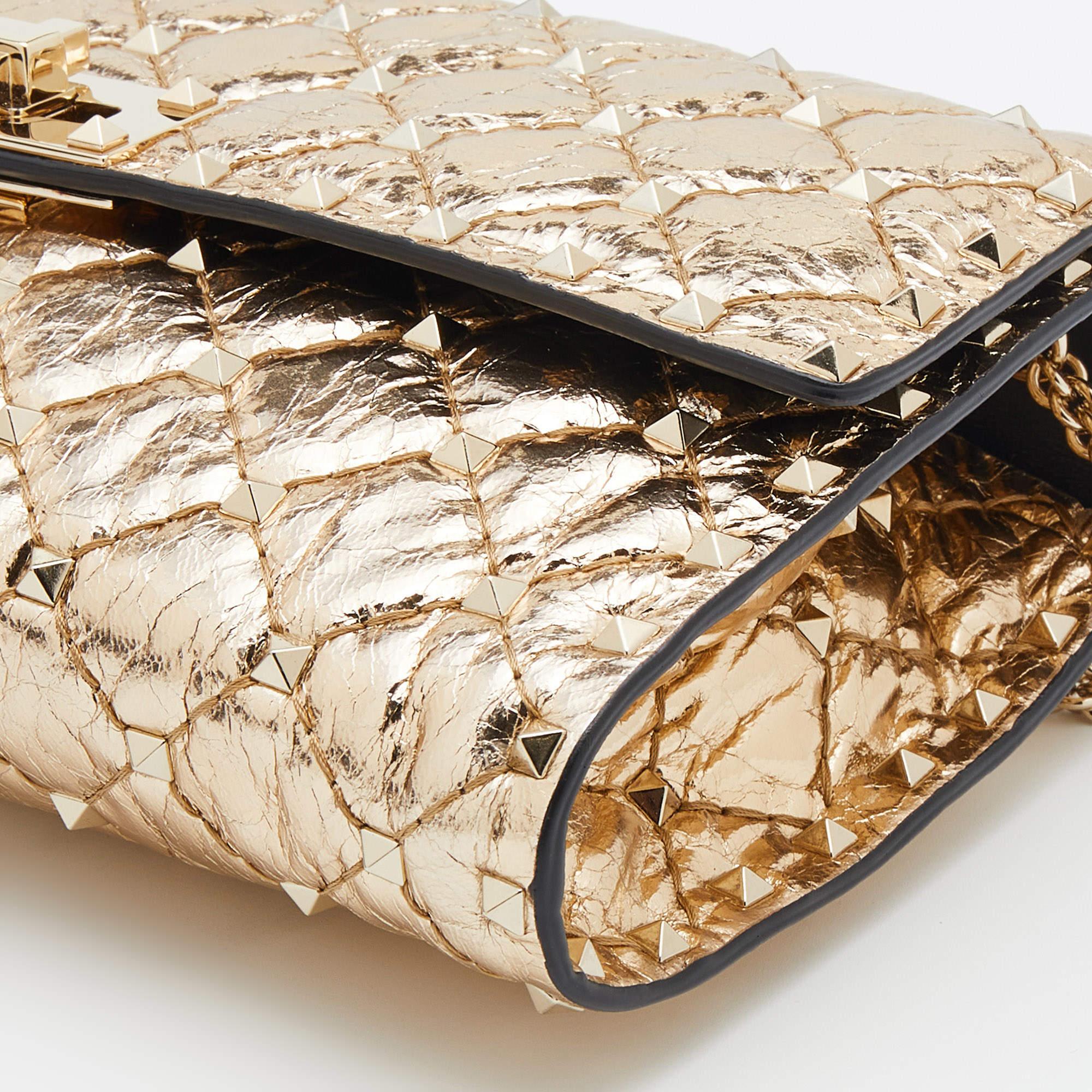 Valentino Metallic Gold Quilted Leather Rockstud Spike Wallet On Chain ...