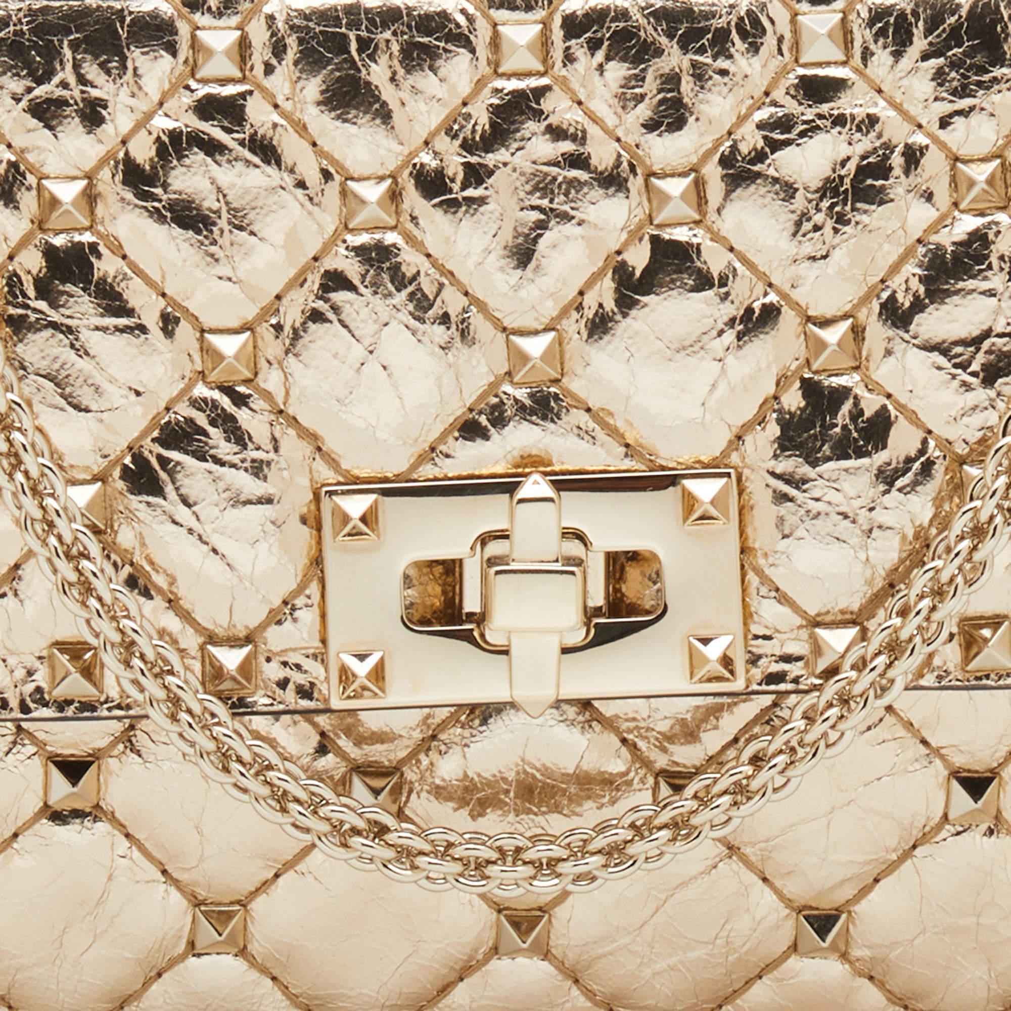 Valentino Metallic Gold Quilted Leather Rockstud Spike Wallet On Chain ...
