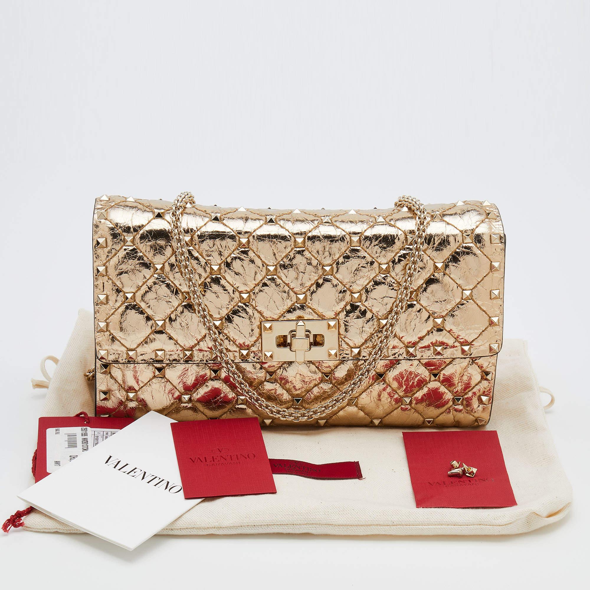 Valentino Metallic Gold Quilted Leather Rockstud Spike Wallet On Chain ...