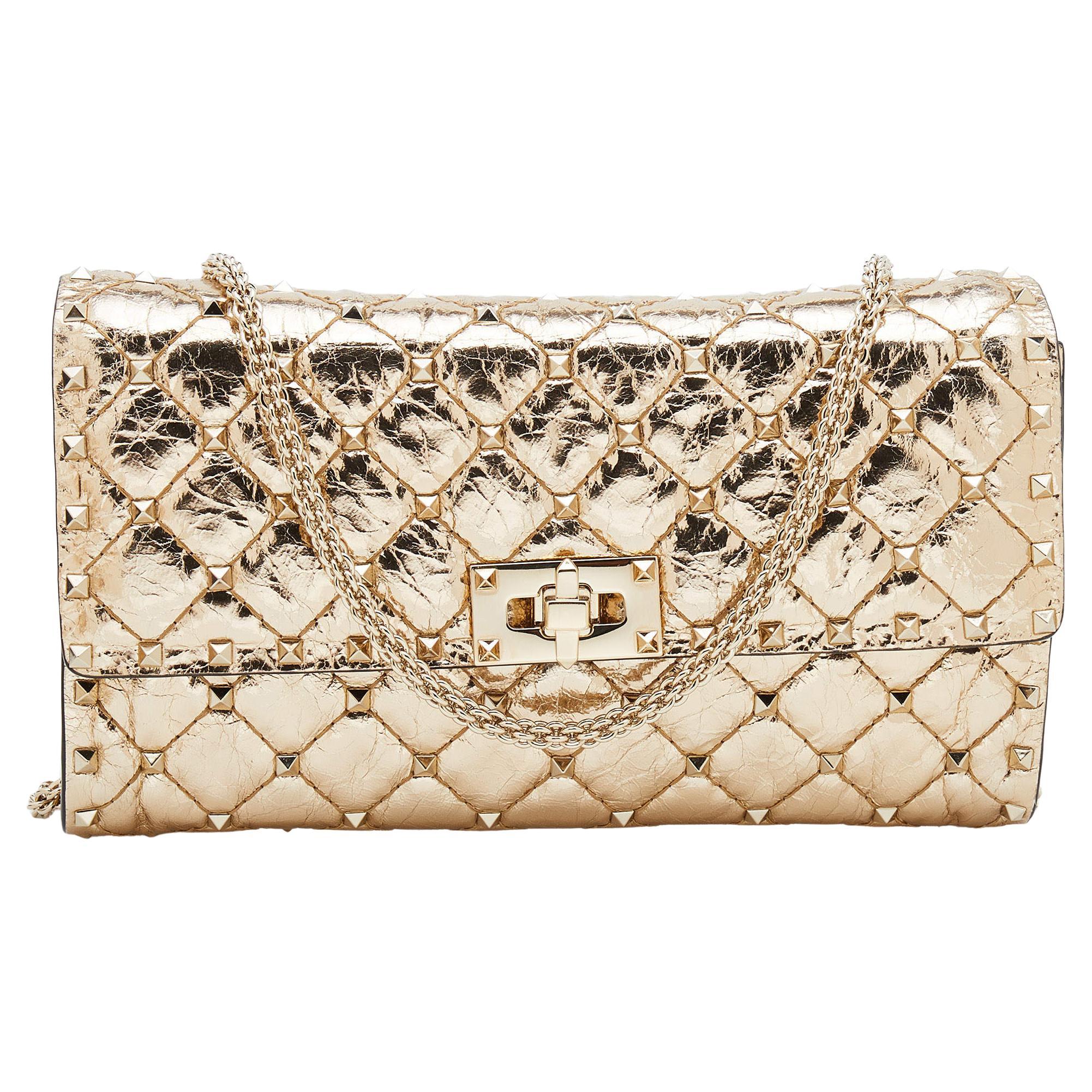 Valentino Metallic Gold Quilted Leather Rockstud Spike Wallet On Chain ...
