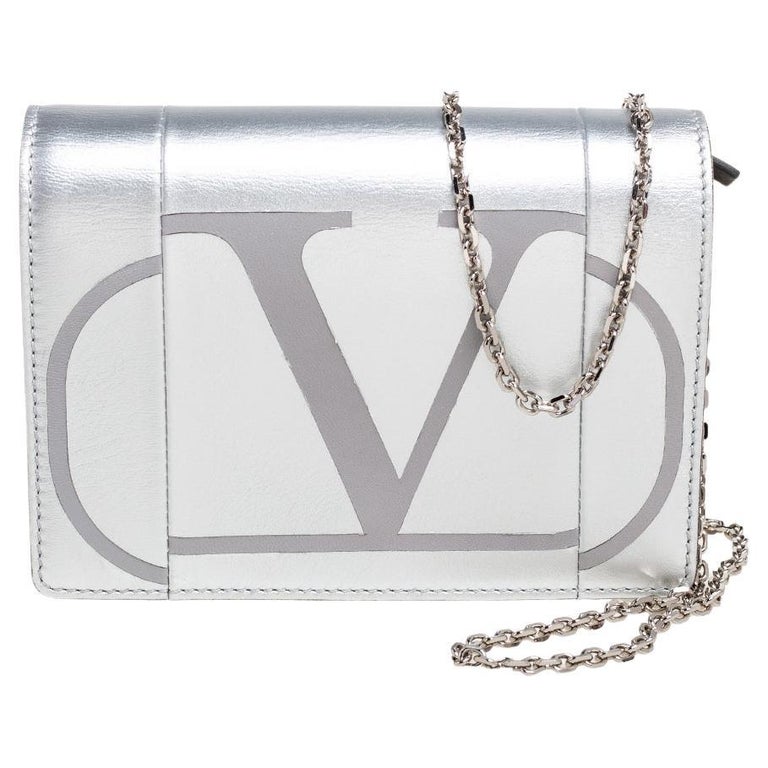 Valentino Metallic Silver Leather VLOGO Inlay Chain Bag at 1stDibs