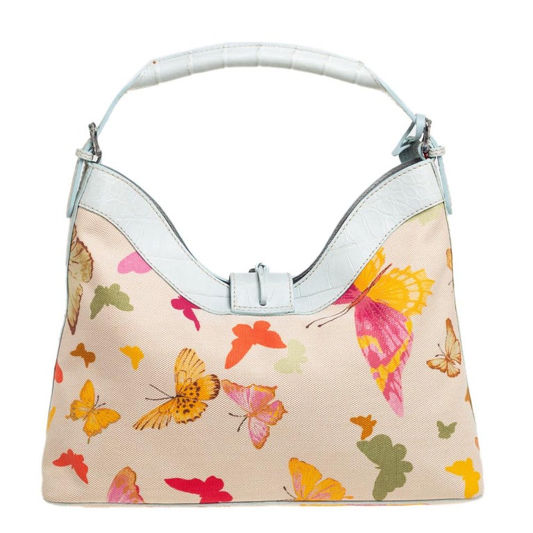 Valentino Multicolor Butterfly Print Canvas and Croc Embossed Leather ...