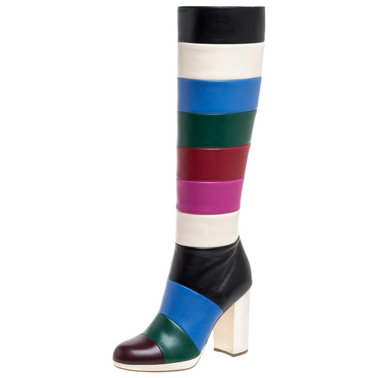 Valentino Multicolor Leather Colorblock Zip Knee Length Boots Size 37 ...