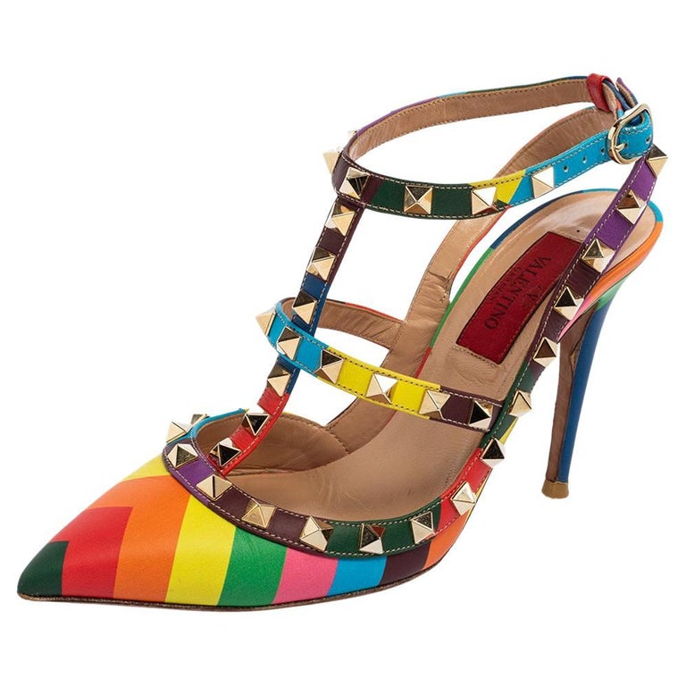 Valentino Multicolor Leather Rockstud Ankle-Strap Pumps Size 35 at ...